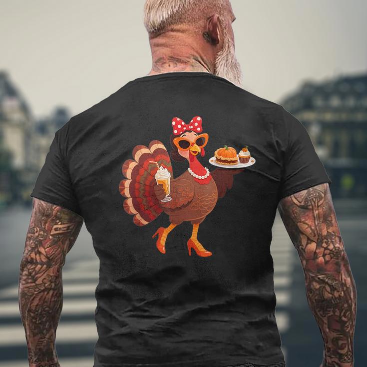 Thanksgiving Lady Turkey Bow Drinking Coffee With Pie Men's Back Print ...