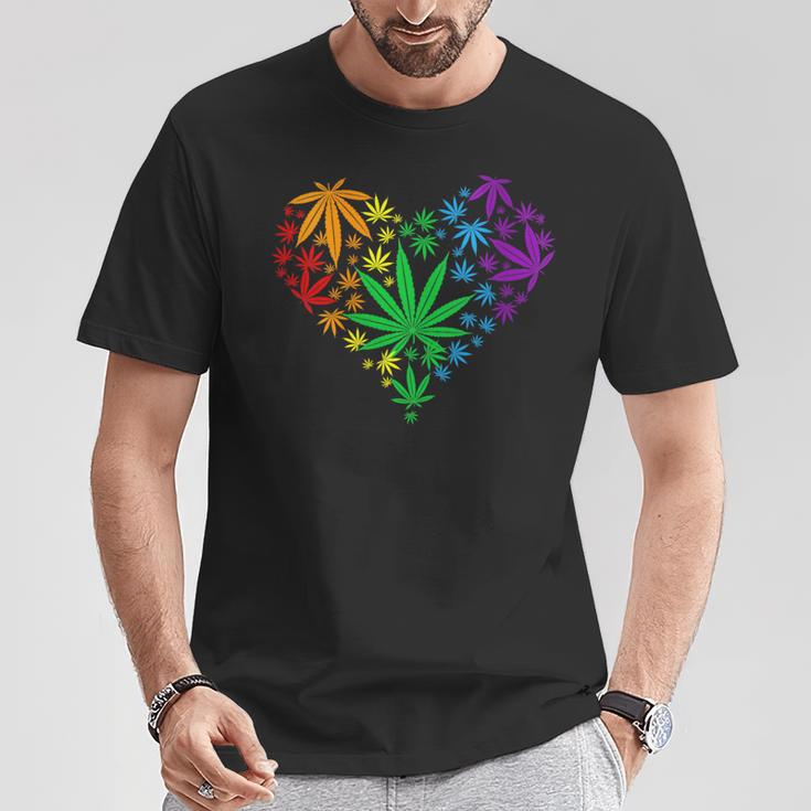 LGBT Cannabis Weed Leaf Heart Gay Pride Marijuana Rainbow T-Shirt | Mazezy
