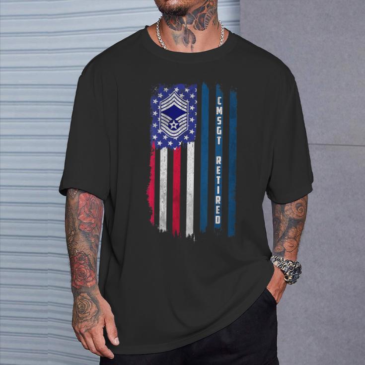 Retired E-9 Chief Master Sergeant CMSgt Rank American Flag T-Shirt | Mazezy