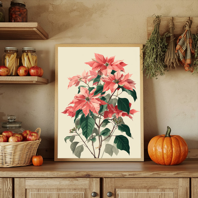 Minimalist Poinsettias Portrait, Dreamy Oil Painting Canvas Wall Art ...