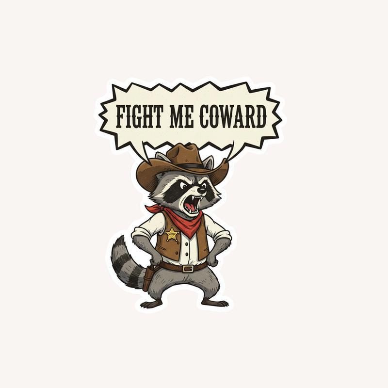 Retro Cowboy Raccoon Fight Me Coward Meme Sticker - Raccsy